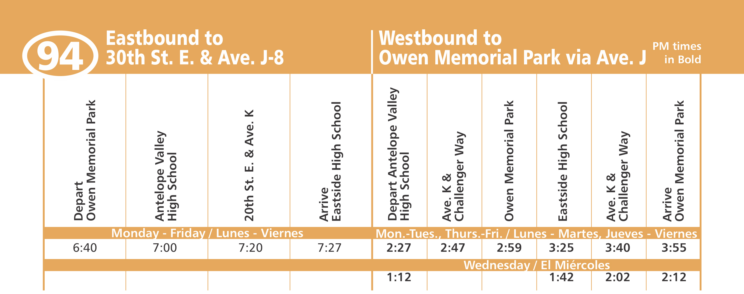 94 Special - AV High School/Eastside High School Schedule